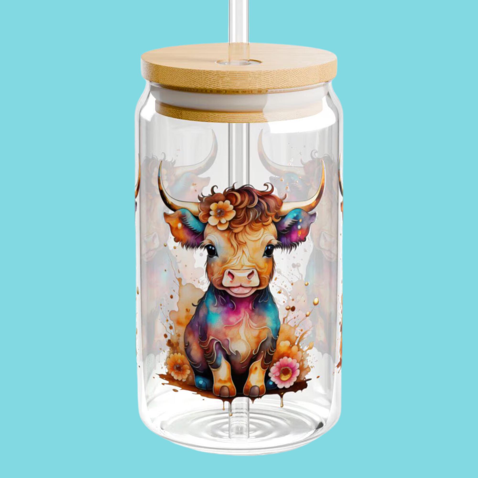 Highland Cow Glass Cup - Adorable 16oz Sipper Glass With Bamboo Lid ...