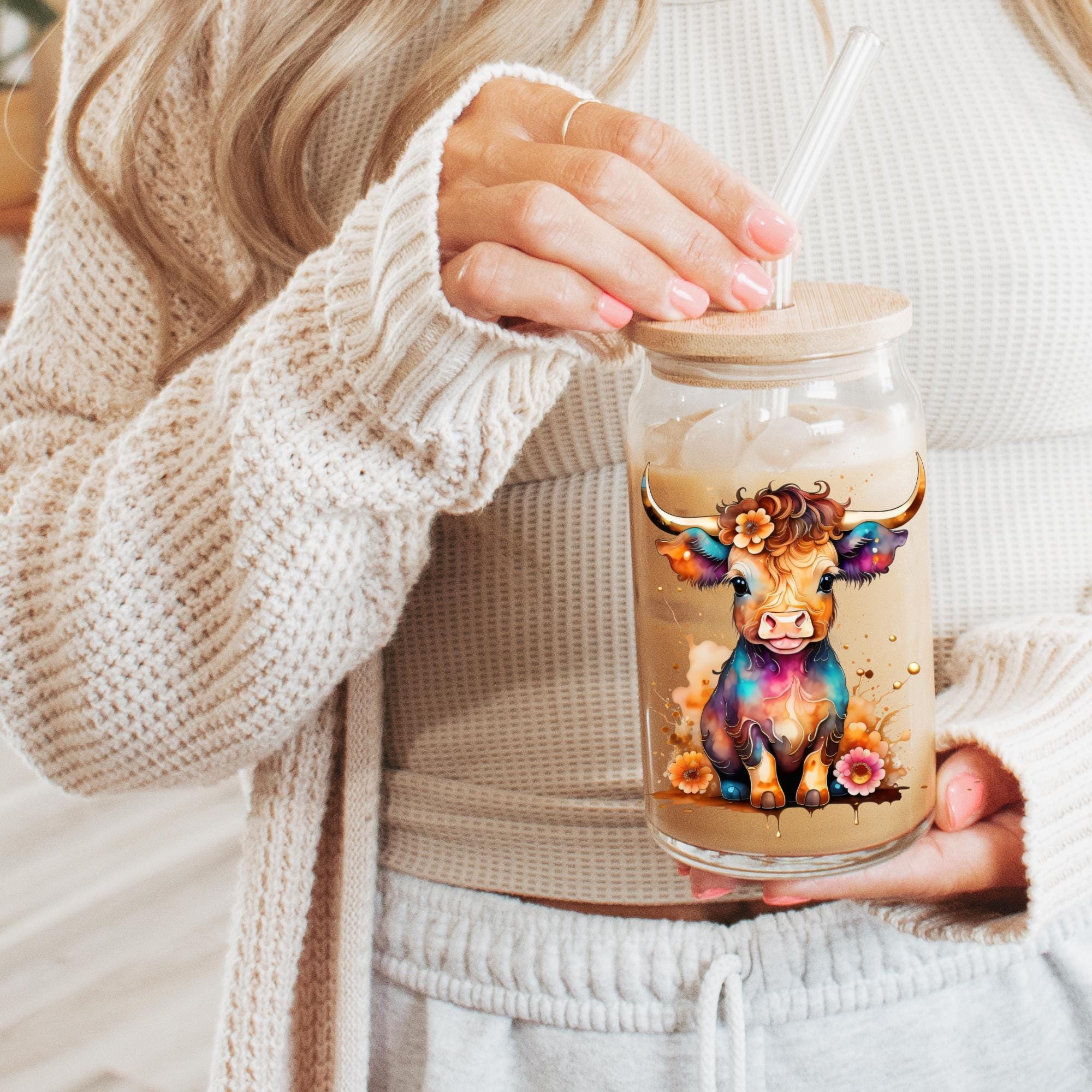 Highland Cow Glass Cup - Adorable 16oz Sipper Glass With Bamboo Lid ...