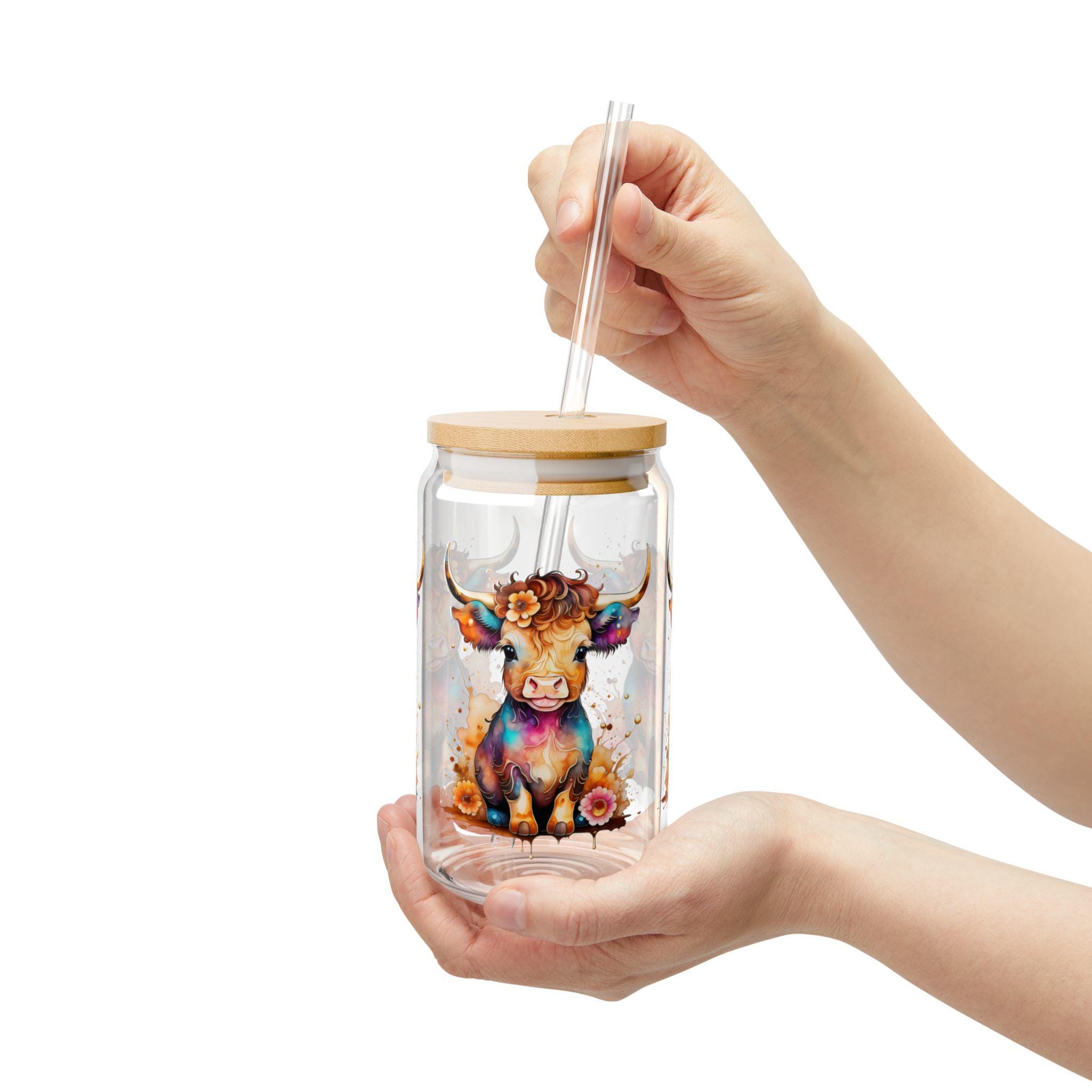 Highland Cow Glass Cup - Adorable 16oz Sipper Glass With Bamboo Lid ...