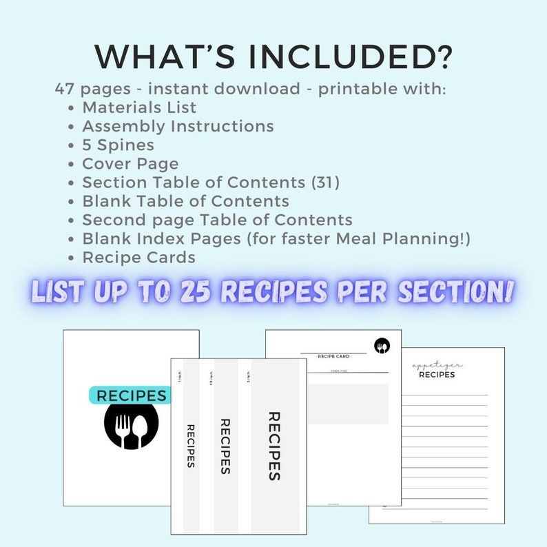 RECIPE BINDER Kit, Recipe Card, Printable, Instant Download of 47 Pages ...