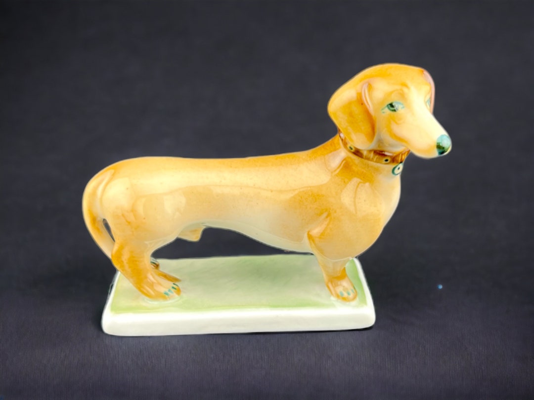 Vintage Hand Painted Zsolnay Hungary Dachshund Dog on Green Stand With ...