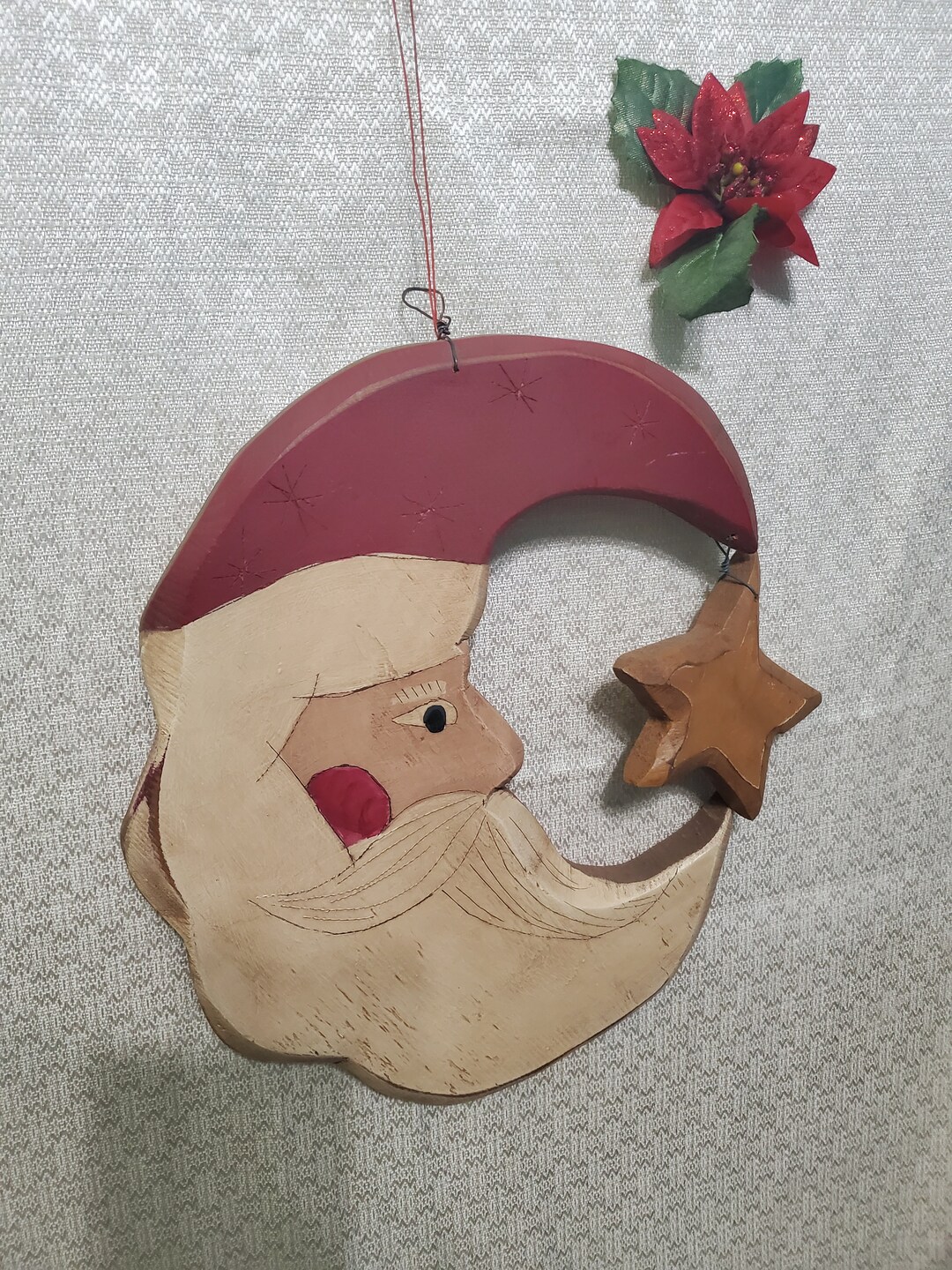 Santa Crescent Moon Face and Star Hand Painted Wood Carved Wall Decor ...
