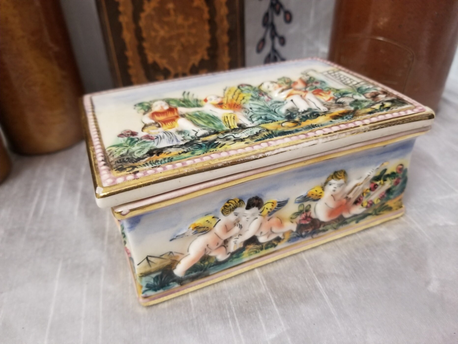 Vintage Capodimonte Porcelain Cigarette, Handkerchief, Jewelry Box ...