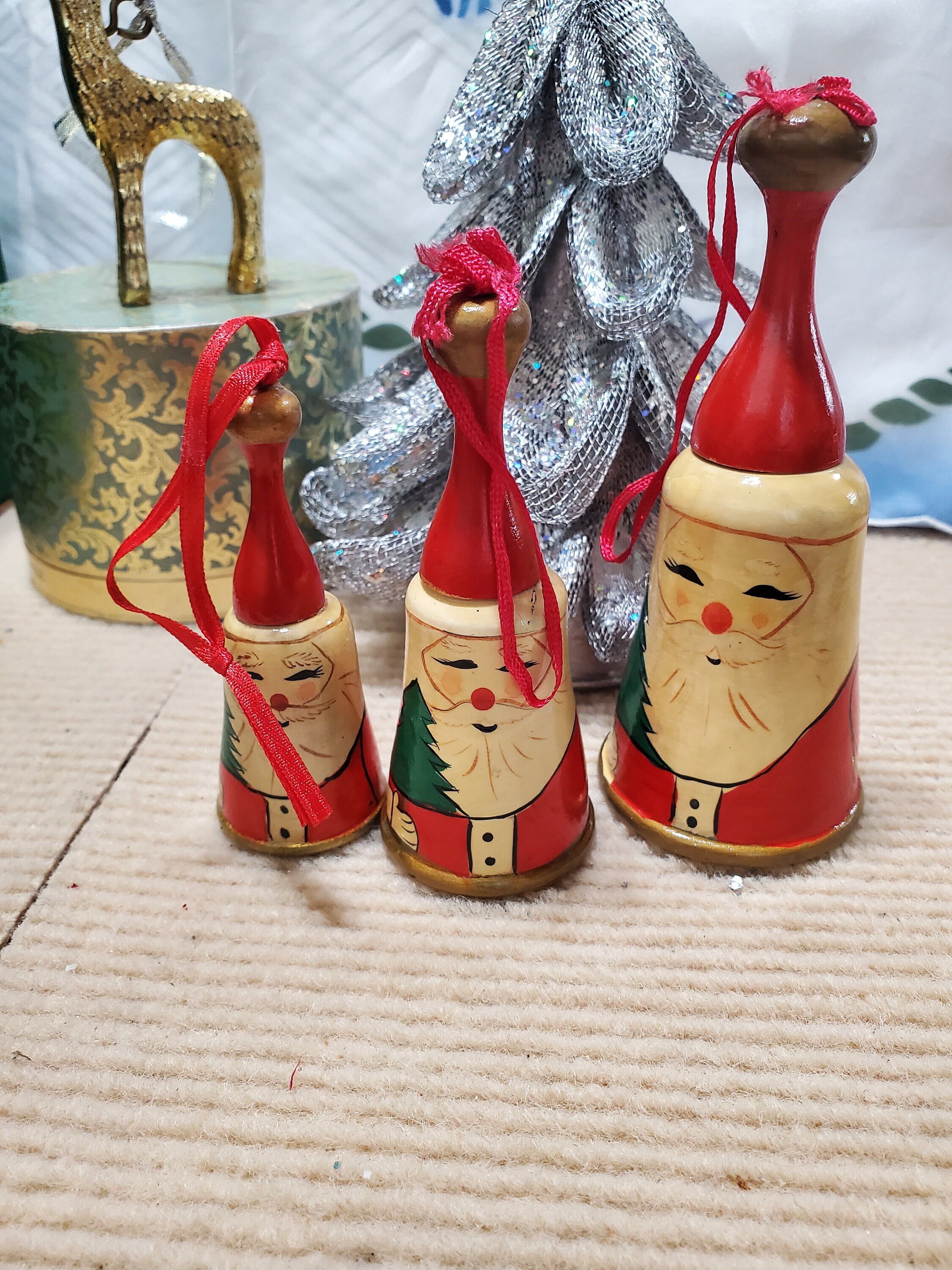 Vintage Santa Claus, 1960s/70s Hand Painted Wood Lacquered Santa Bells ...