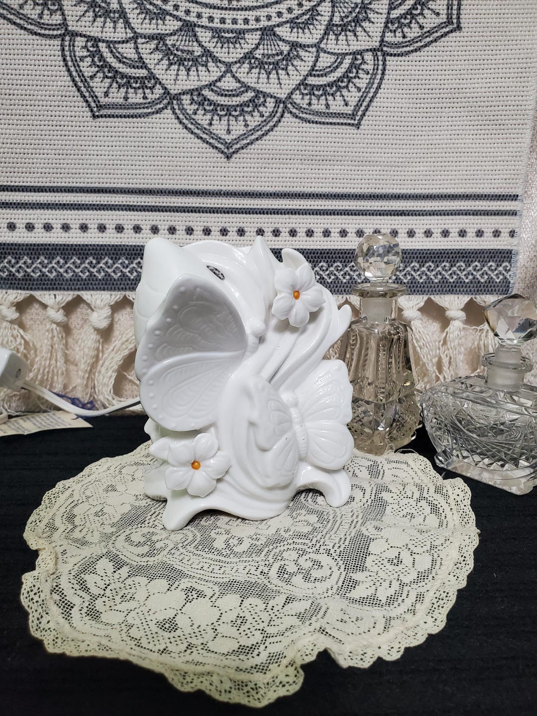 80s Butterfly Diffuser Lamp, Bone China Porcelain Floral Butterfly ...