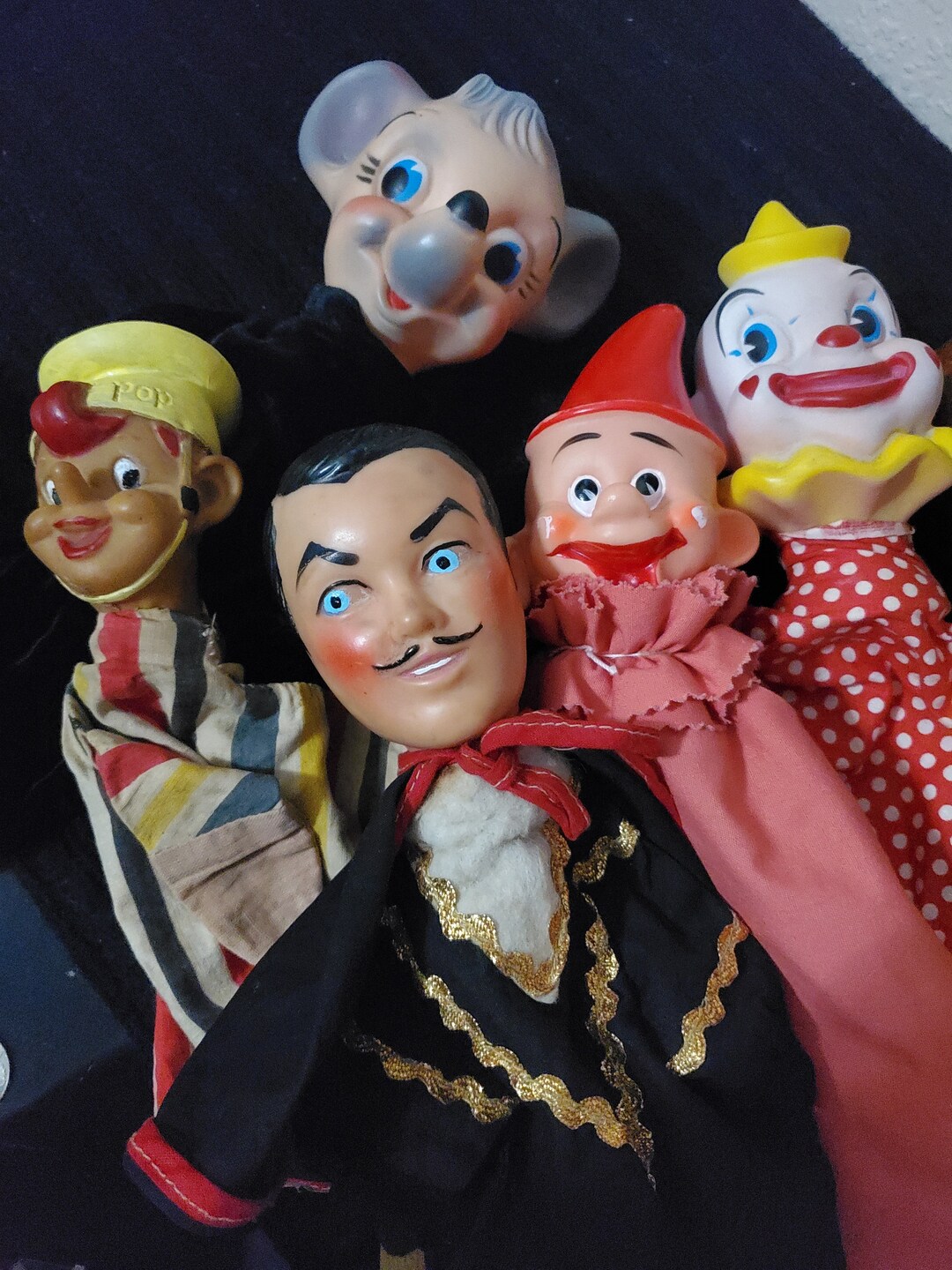 Lot of Vintage 40s/50s Hand Puppets, Happy, Zorro, Clown, Mouse and ...