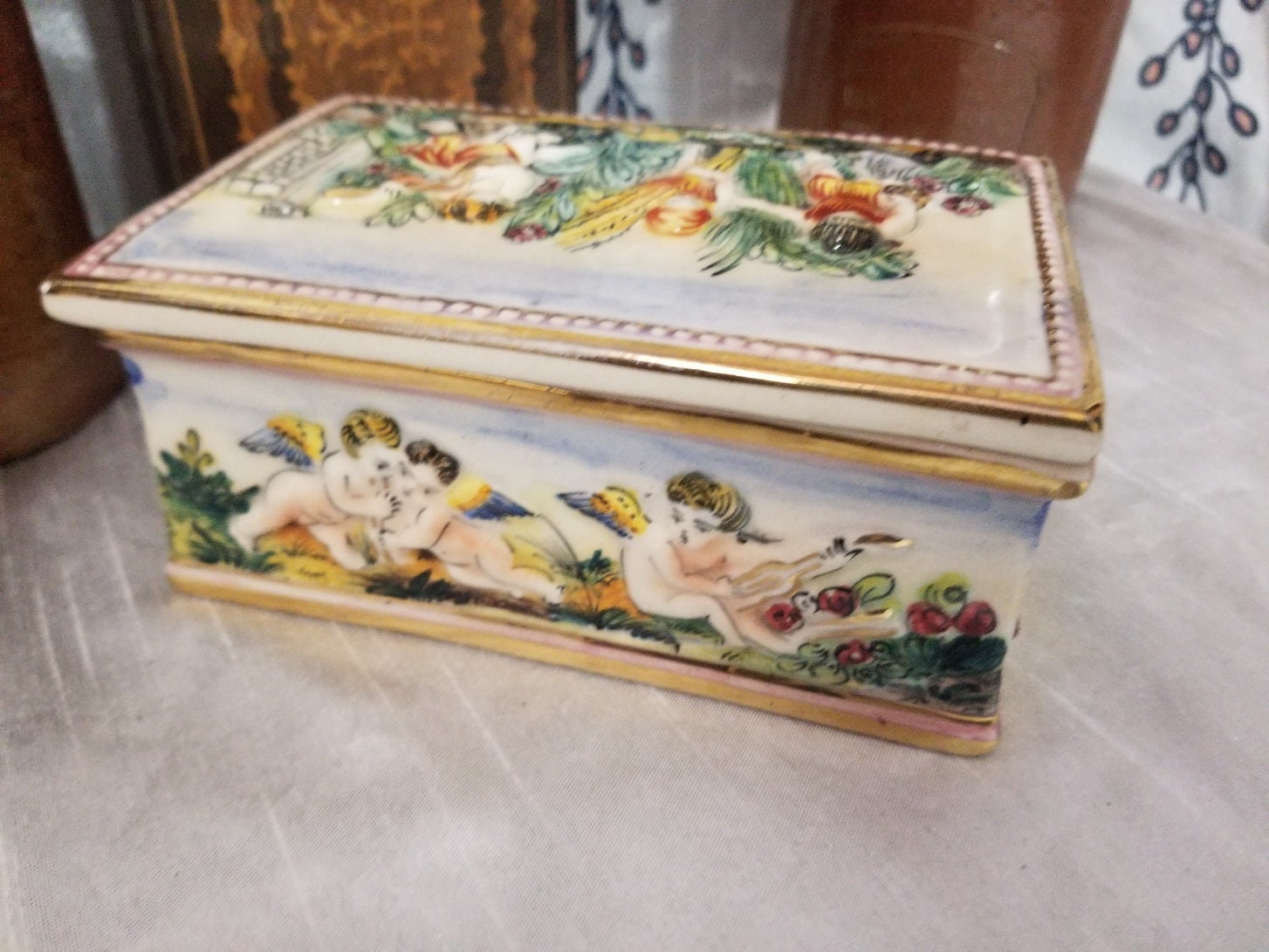 Vintage Capodimonte Porcelain Cigarette, Handkerchief, Jewelry Box ...