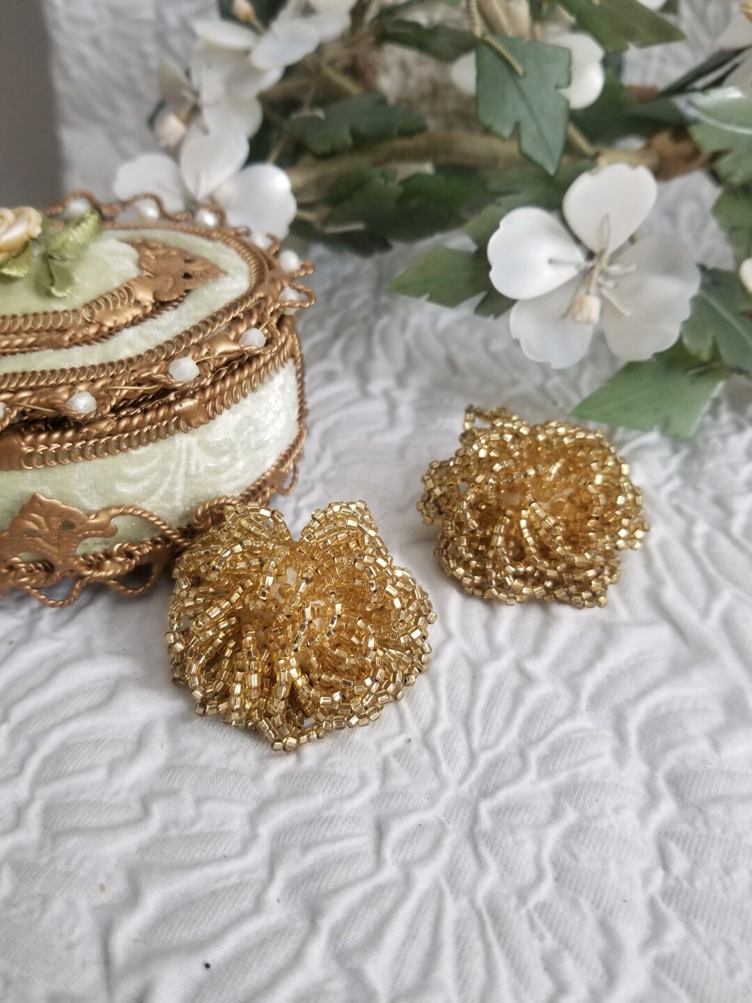 Seed Bead Earrings, Vintage Wiggle Pompom Earrings, Cha-cha Gold Glass ...