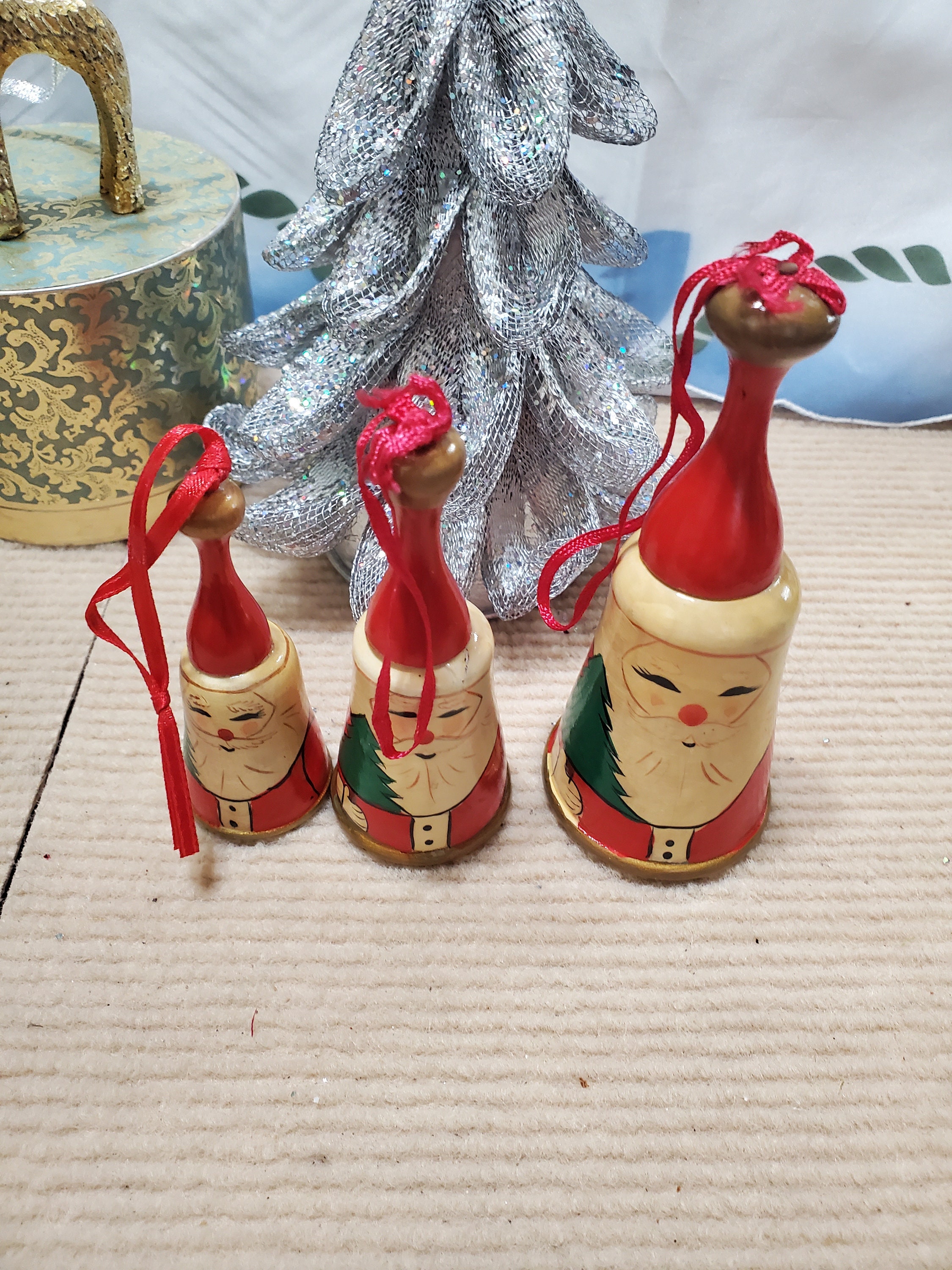 Vintage Santa Claus, 1960s/70s Hand Painted Wood Lacquered Santa Bells ...