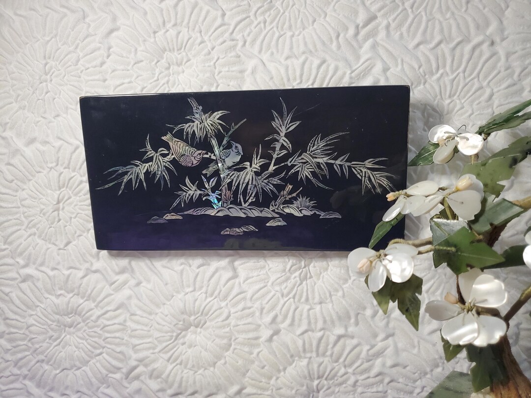 Black Lacquer Inlay Abalone Wall or Desk Picture Black Lacquer Japanese ...