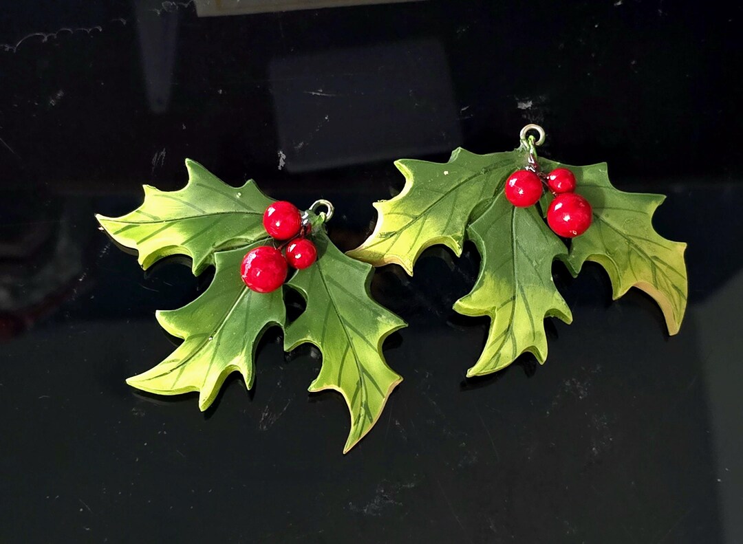 Vintage Holly Sprig Ornaments, Rare Folk Art Faux Holly, Hand Painted ...