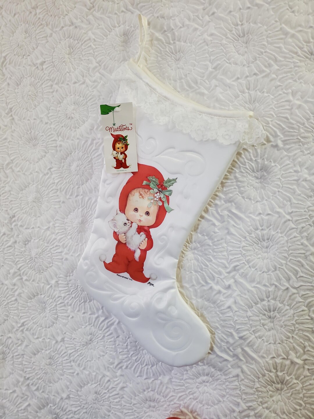 Vintage Ruth Morehead Holly Babes Satin Lace Christmas Stocking, New ...