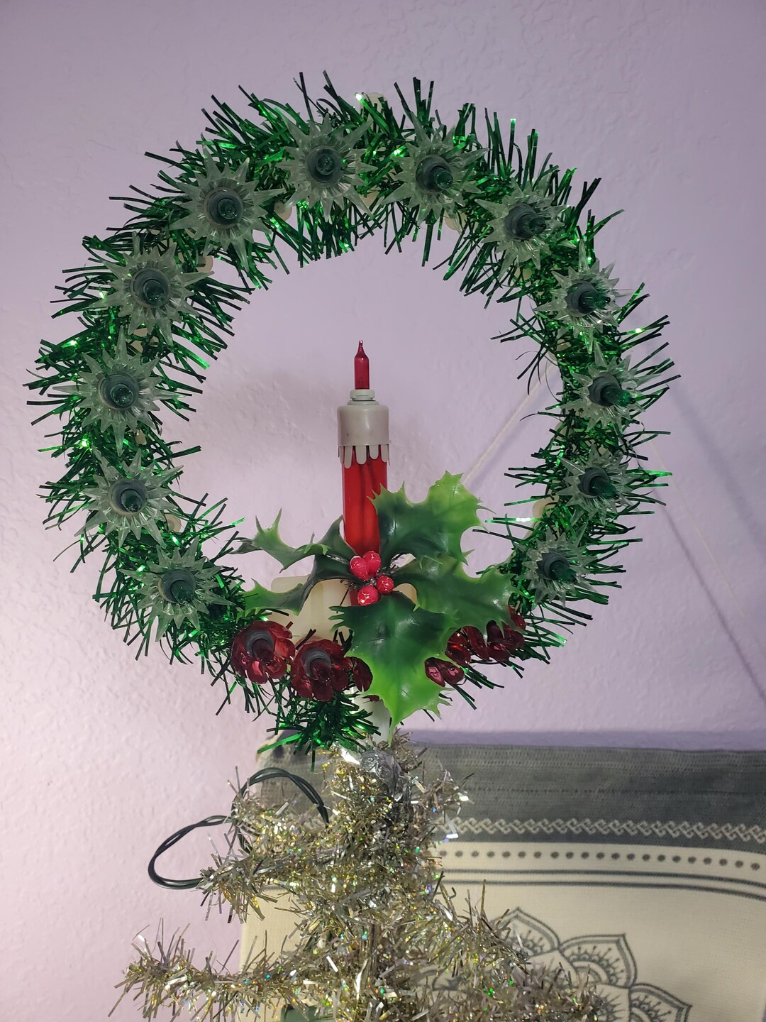 Light up Wreath Tree Topper, Vintage 80s Christmas Tree Topper Works ...