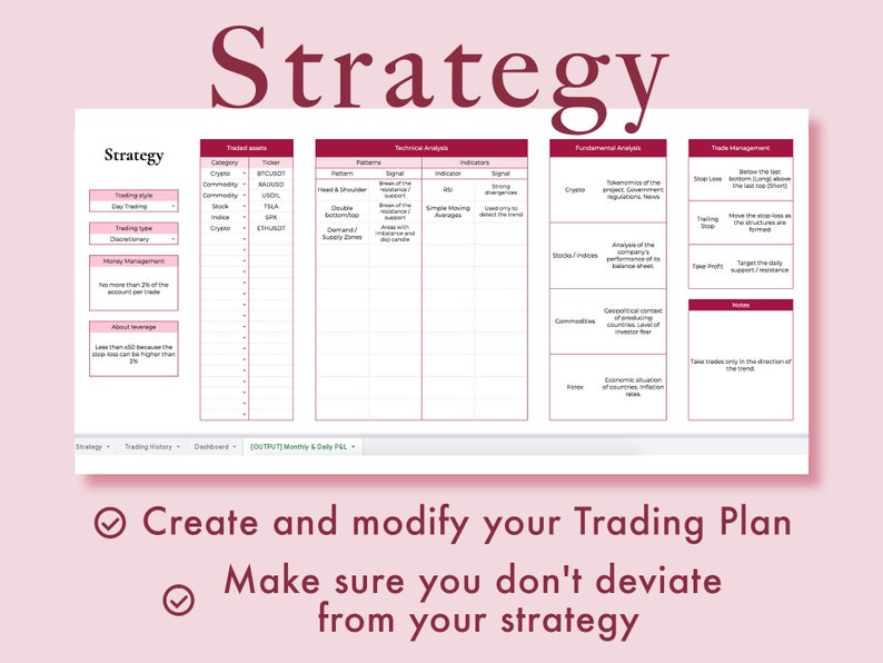 Trading Dashboard & Journal Spreadsheet Google Sheets Template (pink ...