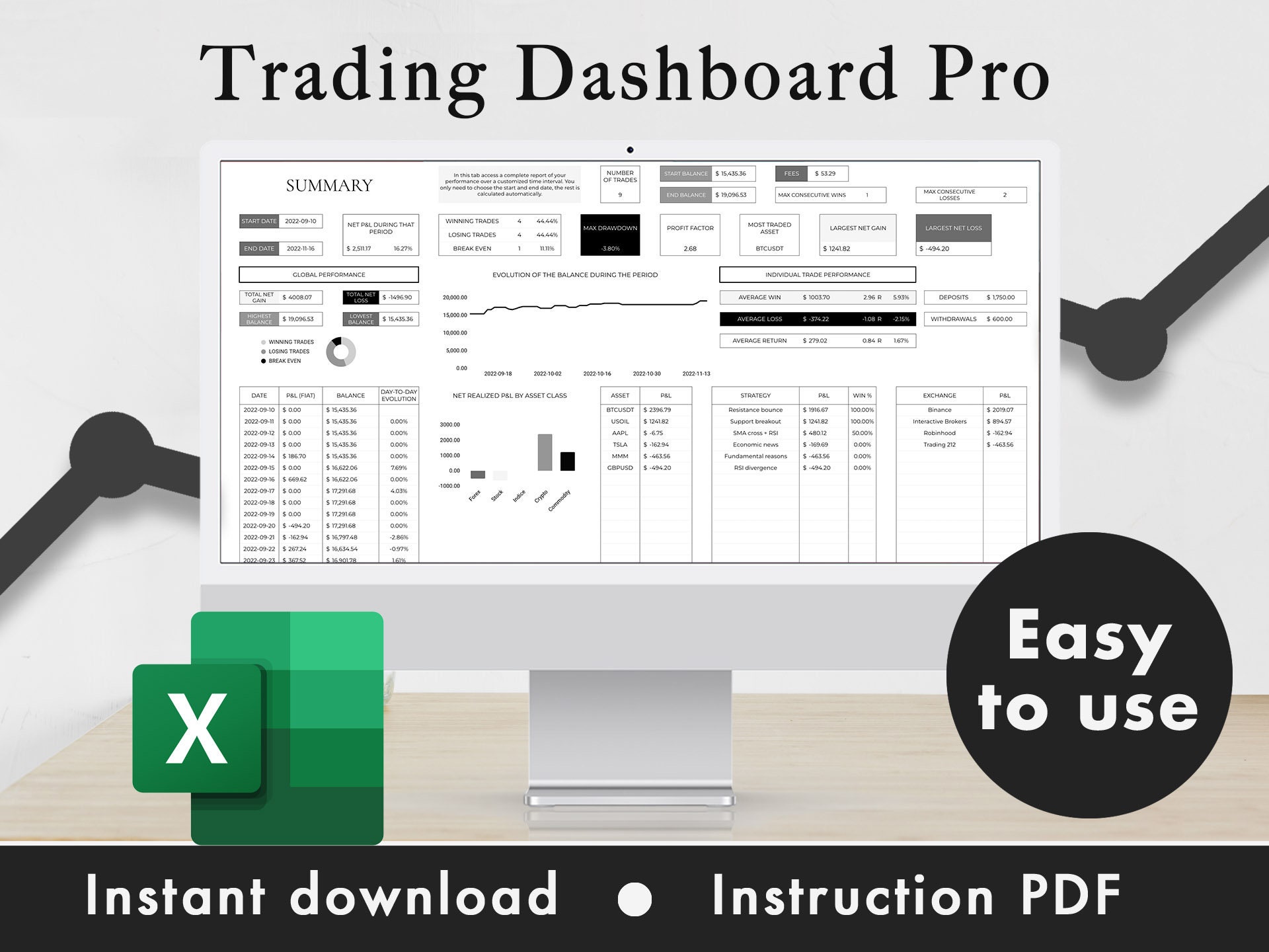 Trading Journal Pro Excel Spreadsheet Template Forex Crypto Stocks ...