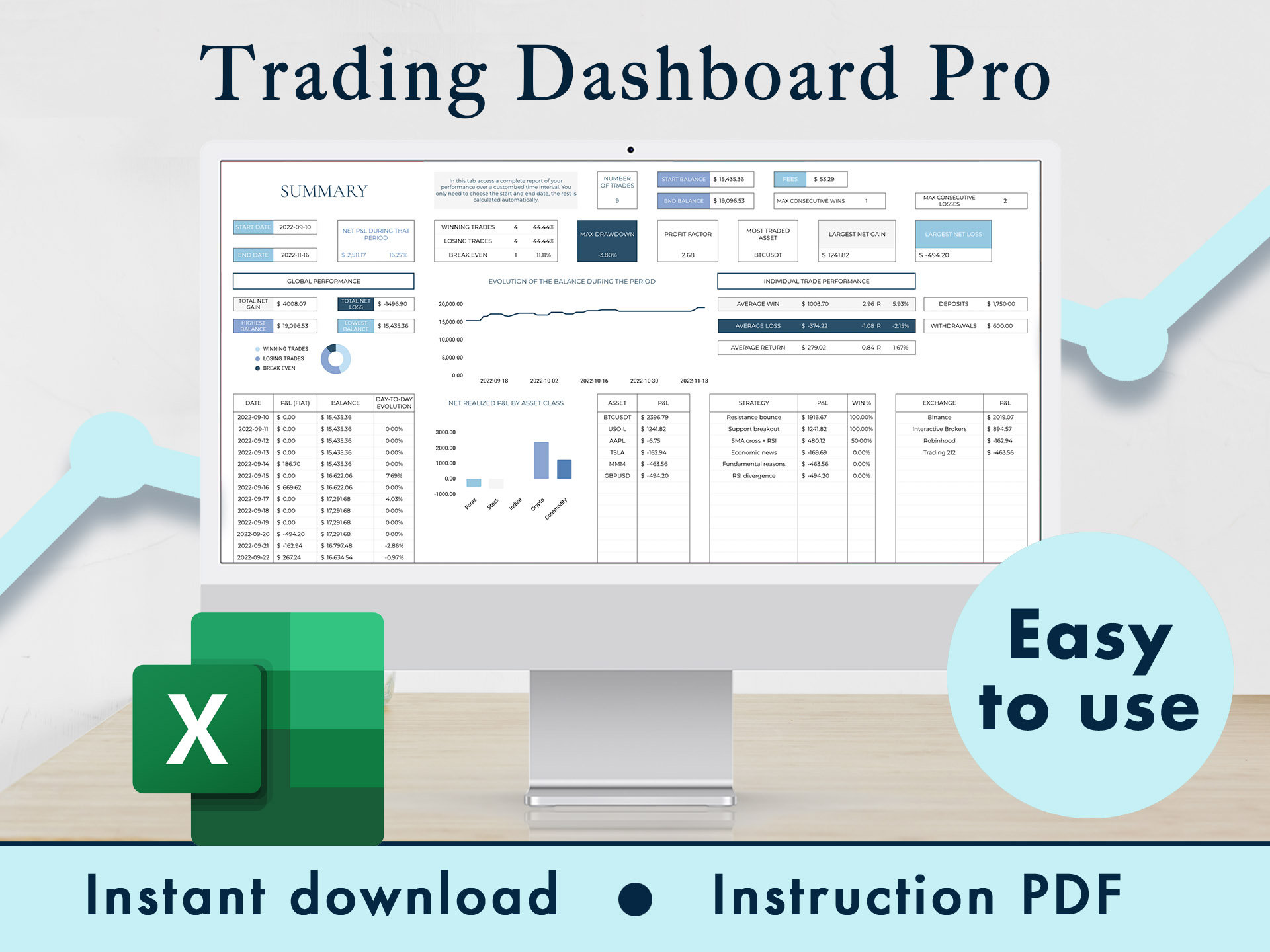 Trading Journal Pro Excel Spreadsheet Template Forex Crypto Stocks ...