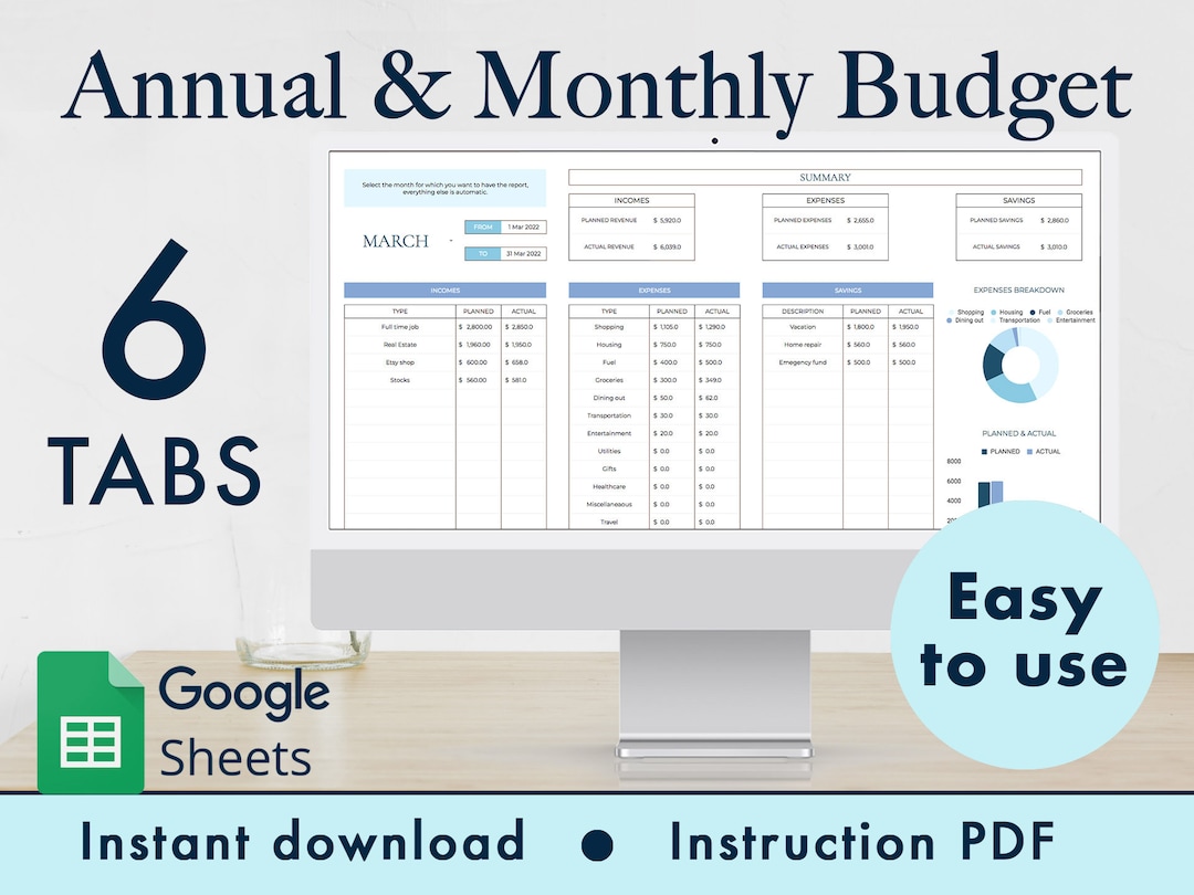 Annual & Monthly Budget Template Spreadsheet Google Sheets (blue) - Etsy