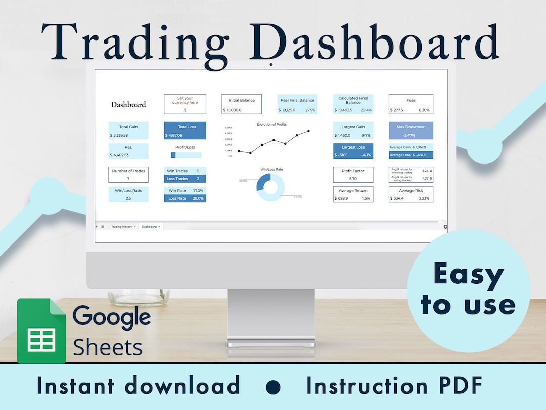 Trading Dashboard & Journal Spreadsheet Google Sheets Template (blue ...