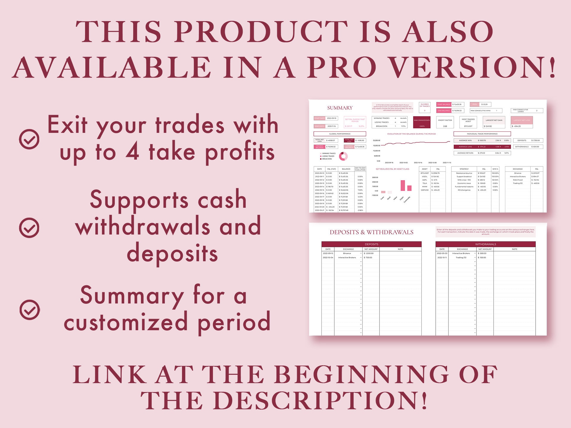 Trading Dashboard & Journal Spreadsheet Google Sheets Template (pink ...