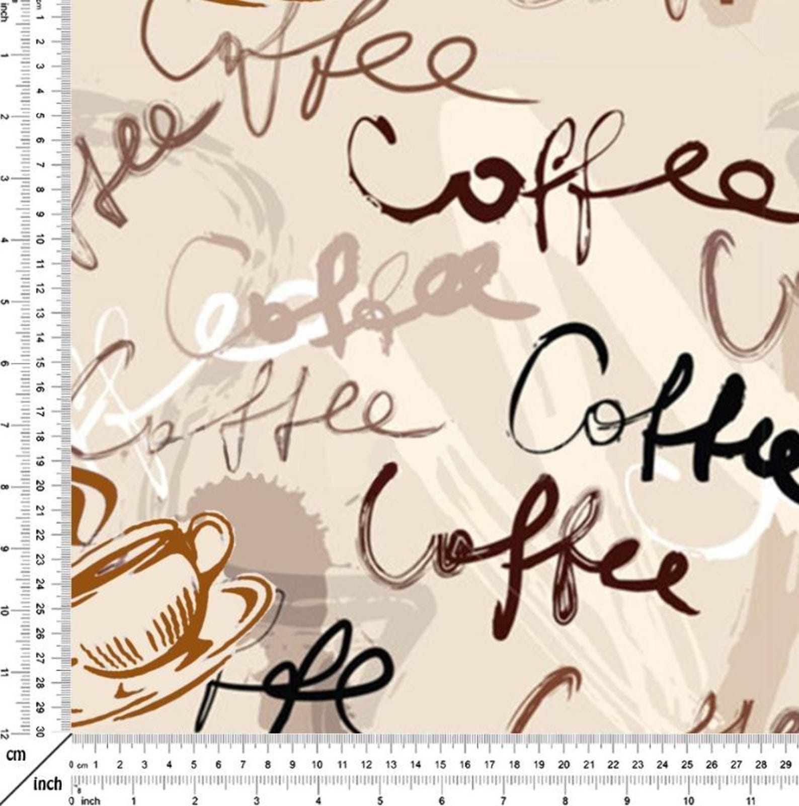 Coffee Printed Cream Fabric by the Yard, Espresso Latte Written Kitchen ...