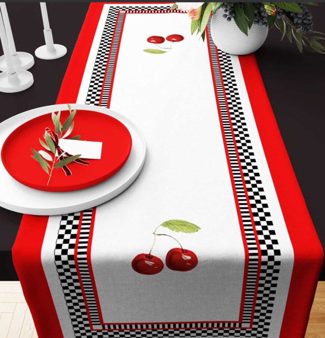 Checkered Cherry Printed Table Runner Fabric, Red Kitchen Decor Runner ...