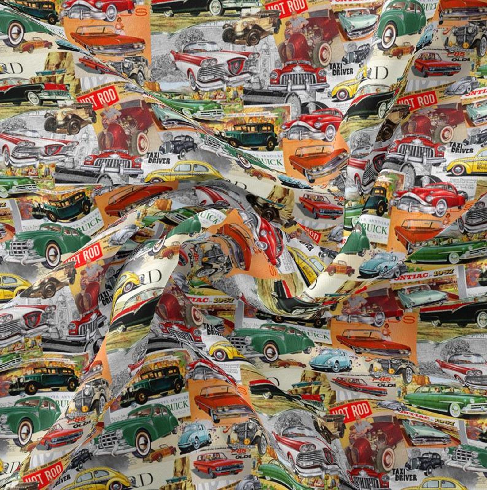 Vintage Cars Print Fabric, Retro 50s 60s 70s Decor, Polyester by the ...