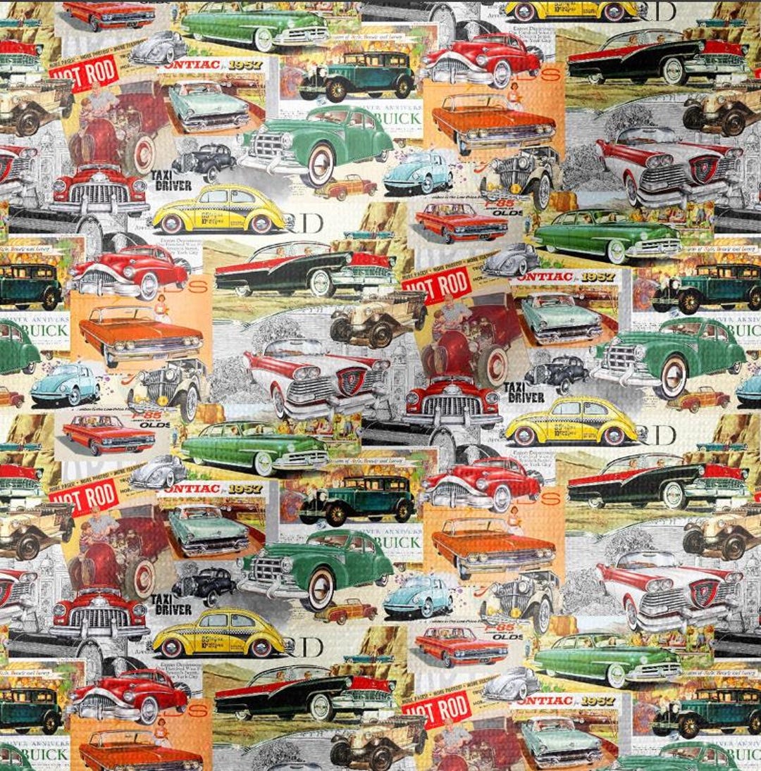 Vintage Cars Print Fabric, Retro 50s 60s 70s Decor, Polyester by the ...