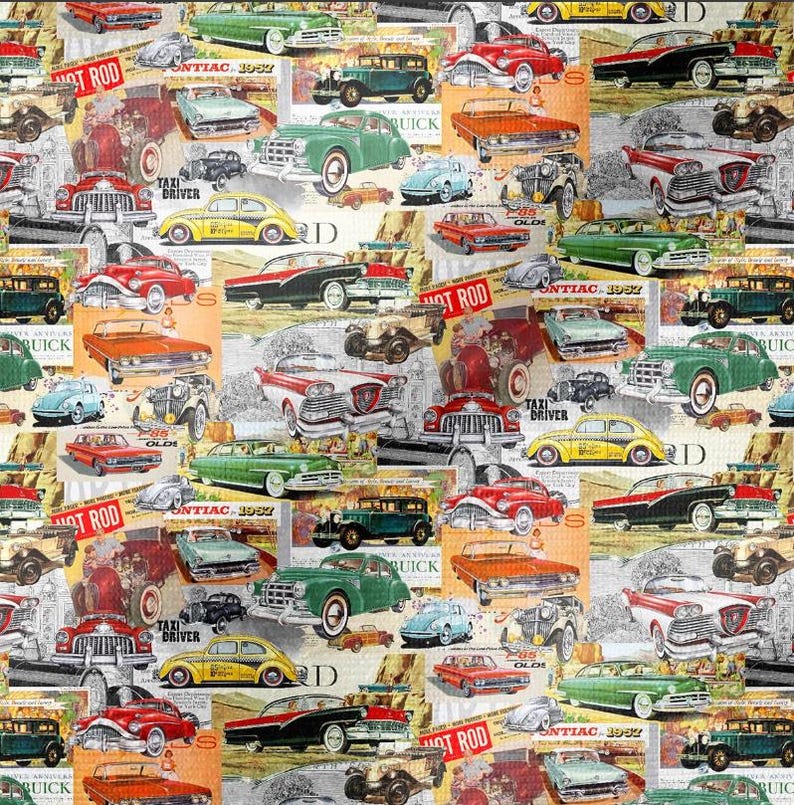 Vintage Cars Print Fabric, Retro 50s 60s 70s Decor, Polyester by the ...