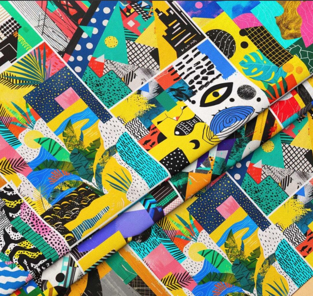 Pop Art Collage Colorful Upholstery Fabric by the Yard, Retro Fabric ...