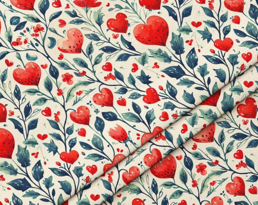 Love Heart Watercolor Print Fabric, Valentine's Day Polyester Fabric by ...