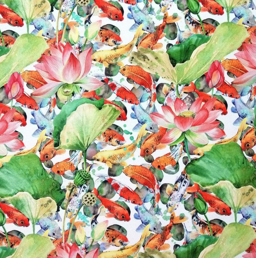 Japanese Koi Fish Lotus Fabric, Nautical Upholstery Fabric by the Yard ...