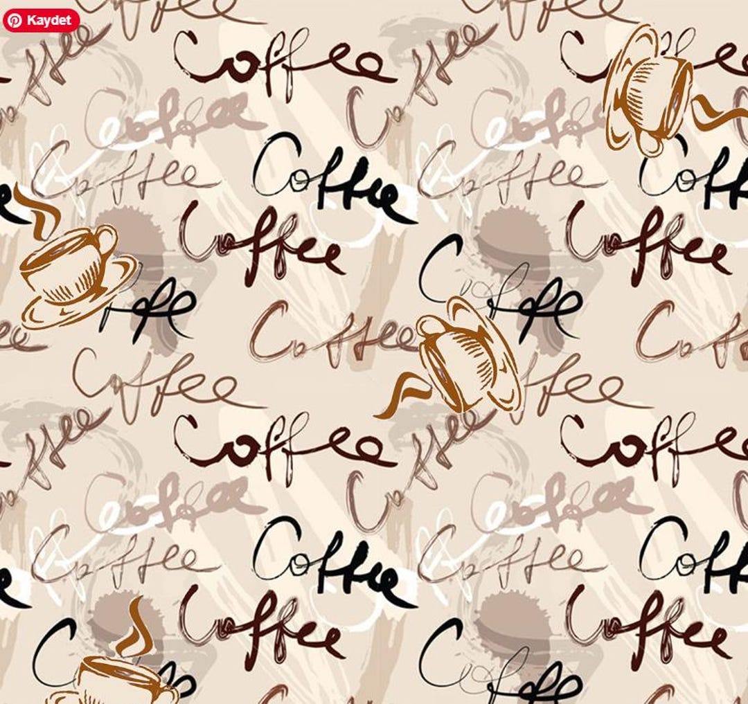 Coffee Printed Cream Fabric by the Yard, Espresso Latte Written Kitchen ...