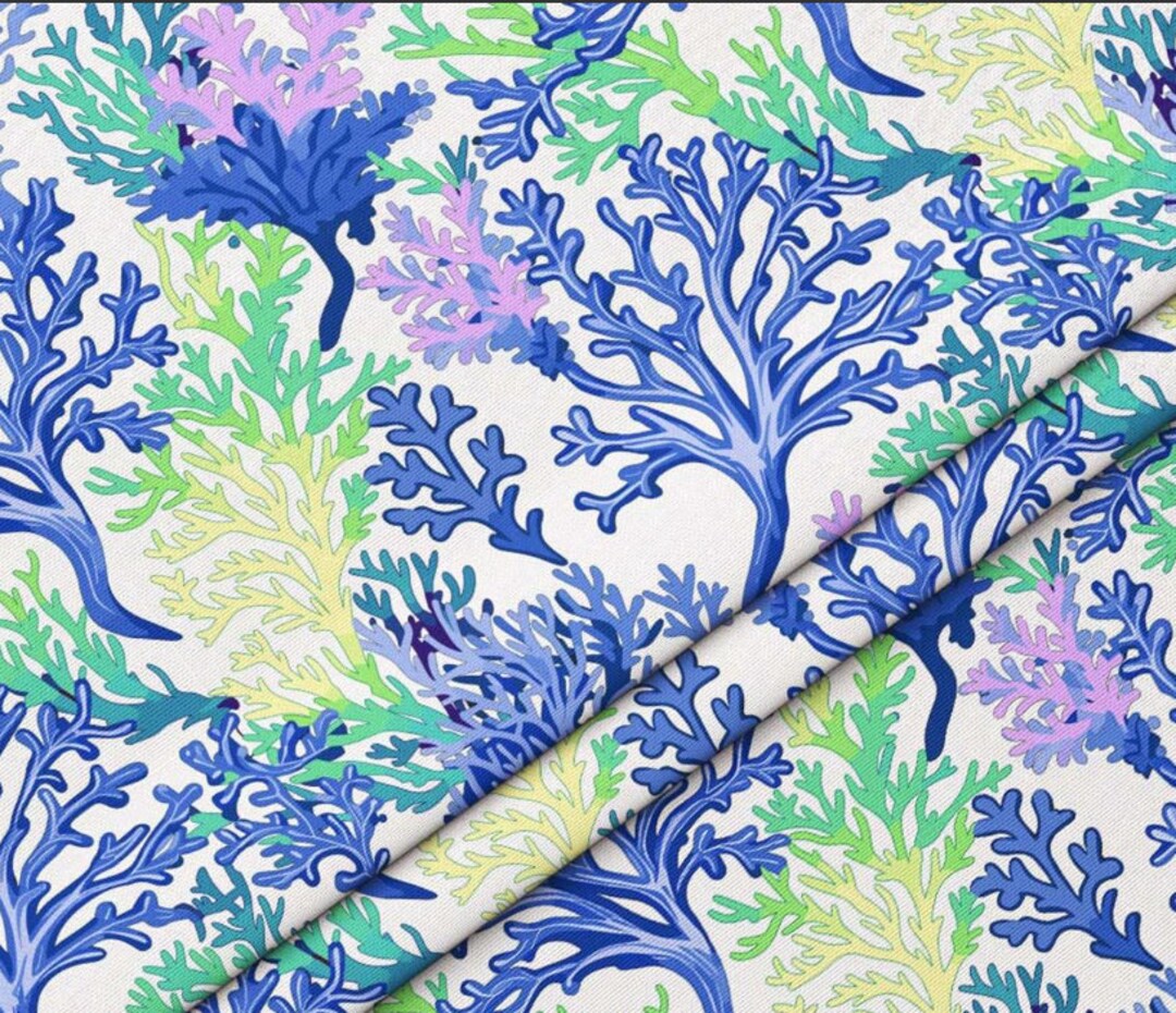 Blue Green Coral Reef Print Upholstery, Coastal Home Decor Fabric ...