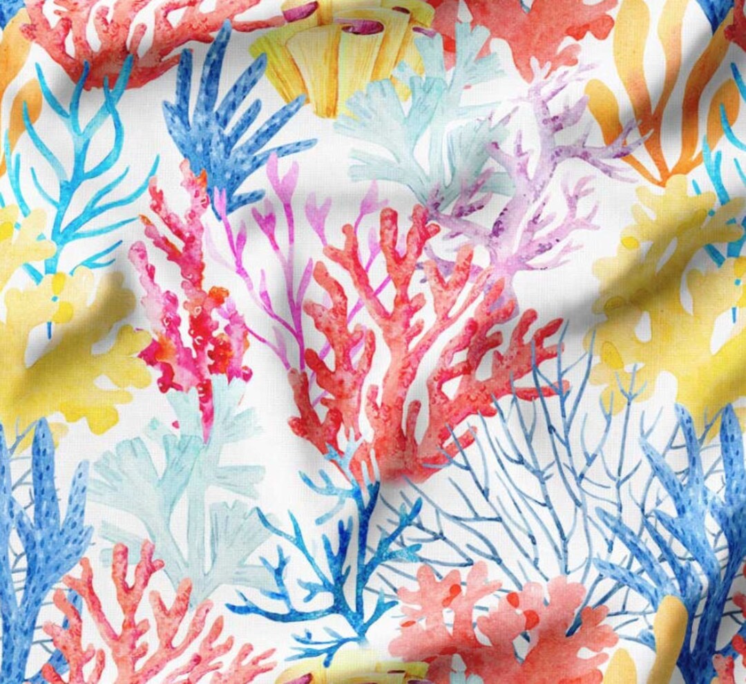 Ocean Coral Reef Print Upholstery, Coastal Home Decor Fabric, Nautical ...
