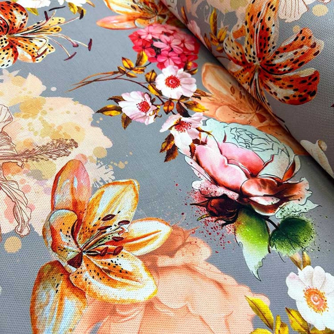 Orange Lotus Flower Printed Fabric by Yard, Colorful Flowers Fabric for ...