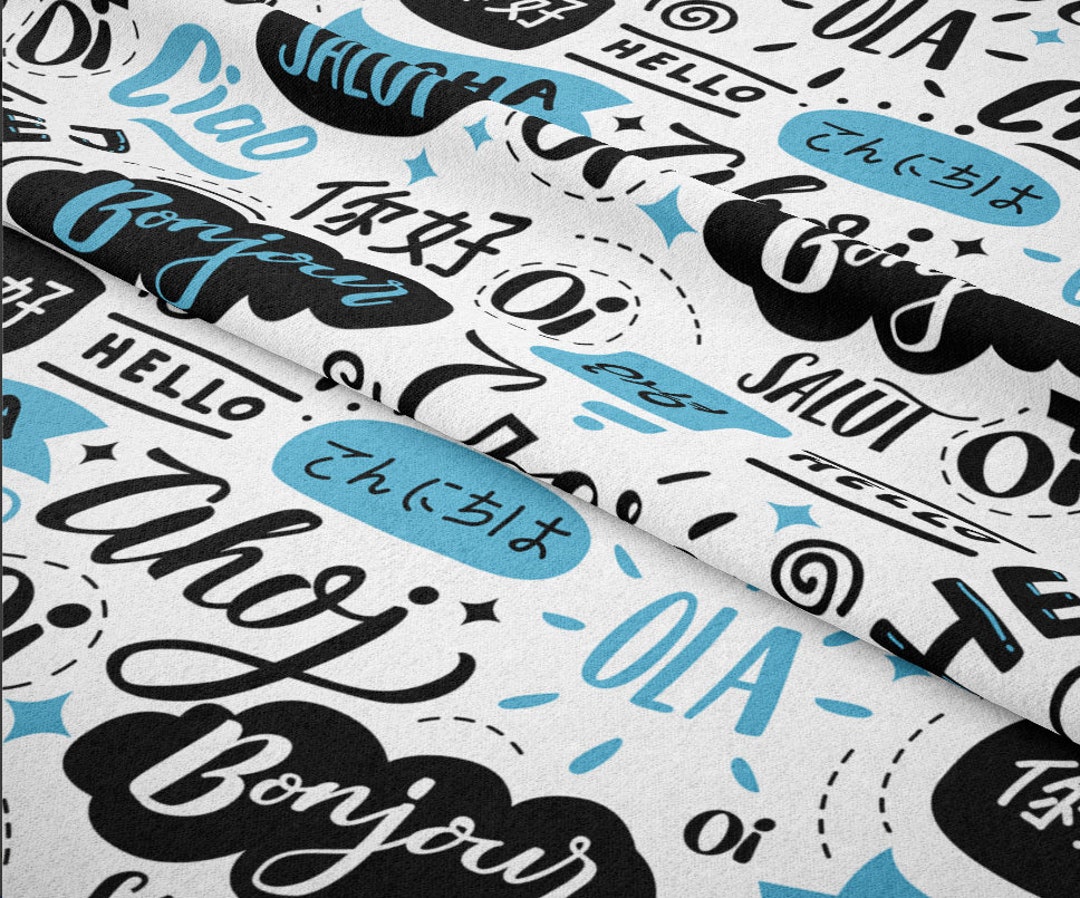 Welcome Words Pop Art Fabric, Hello Bonjour Print, Upholstery Fabric by ...
