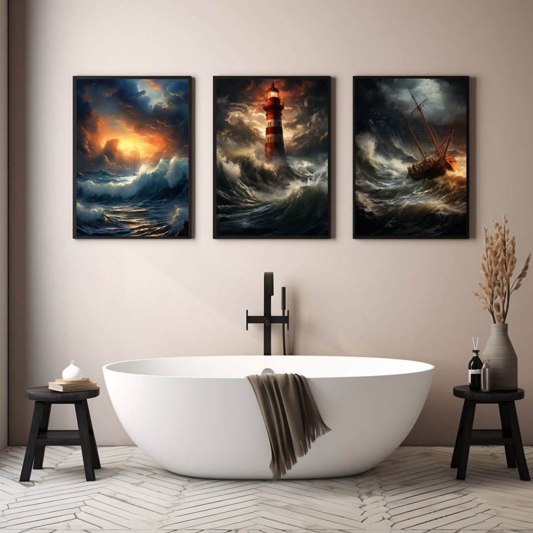 Stormy Sea Poster Ship Lighthouse Ocean Rough Sea Set of 3 - Etsy