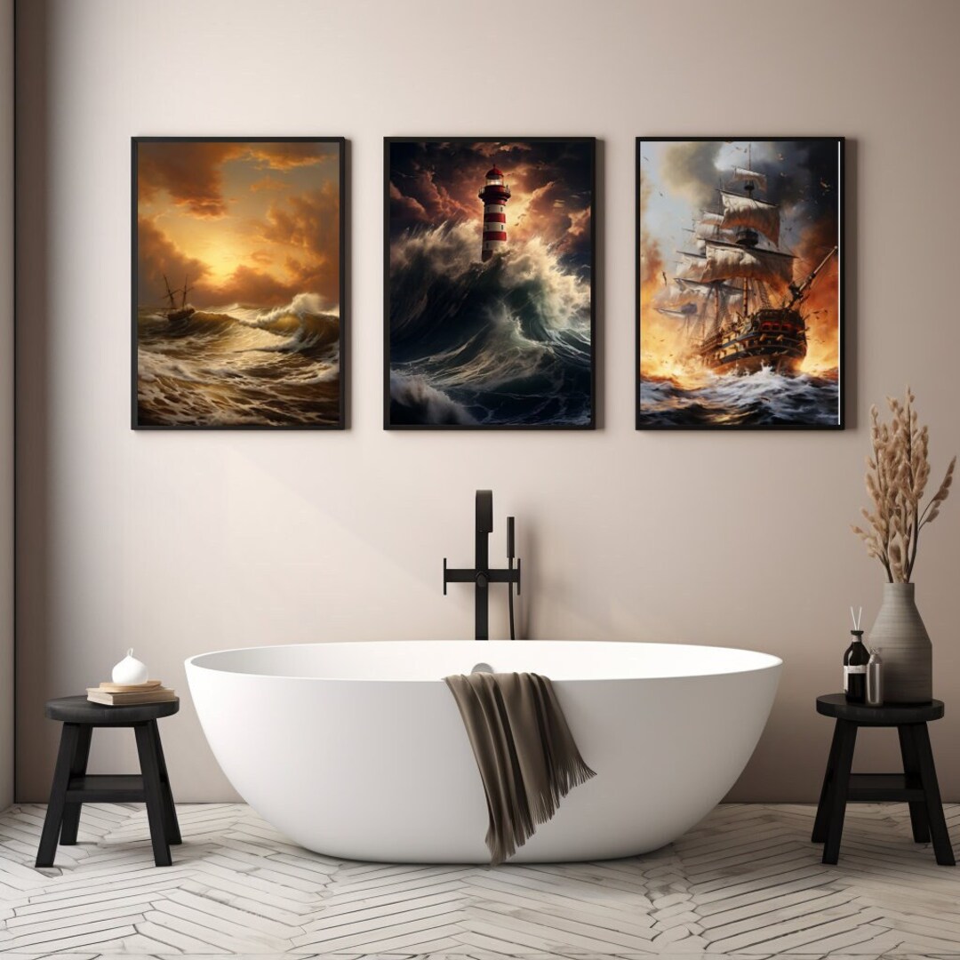 Stormy Sea Poster Set of 3 Sailing Ship Lighthouse Stormy Sea - Etsy