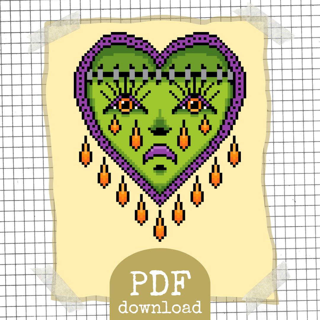 American Traditional Tattoo Flash Bert Grimm Crying Heart Halloween Monster Modern Counted Cross ...