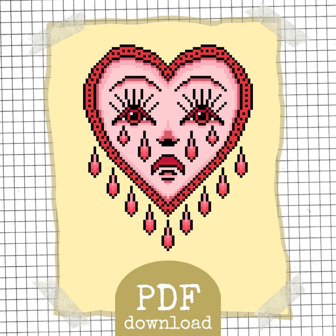 American Traditional Tattoo Flash Bert Grimm Crying Heart Valentine's Monochrome Modern Counted ...