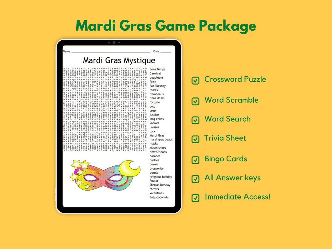 Bundle of Mardi Gras Games: Crossword Puzzle, Word Search, Scramble ...