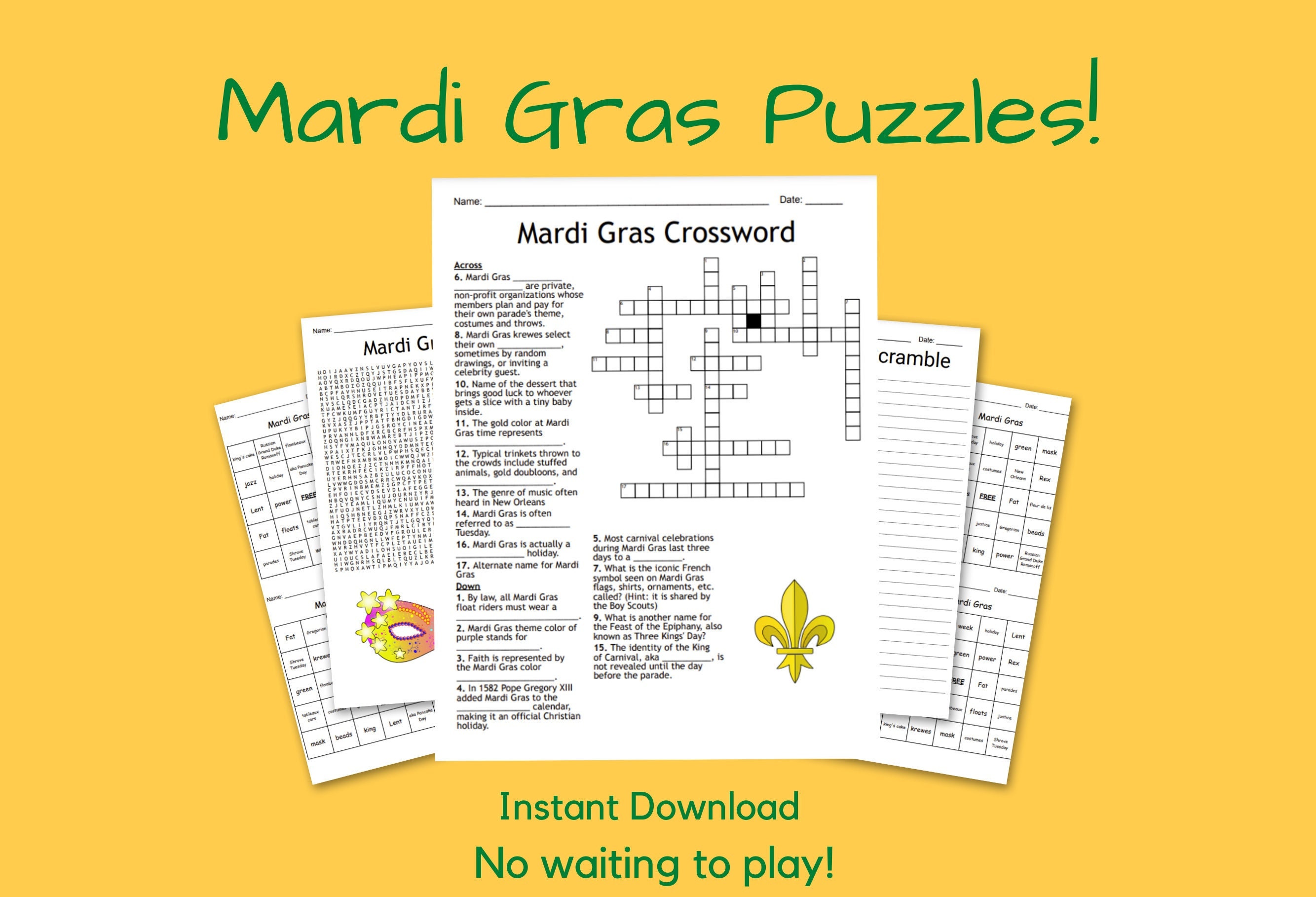Bundle of Mardi Gras Games: Crossword Puzzle, Word Search, Scramble ...