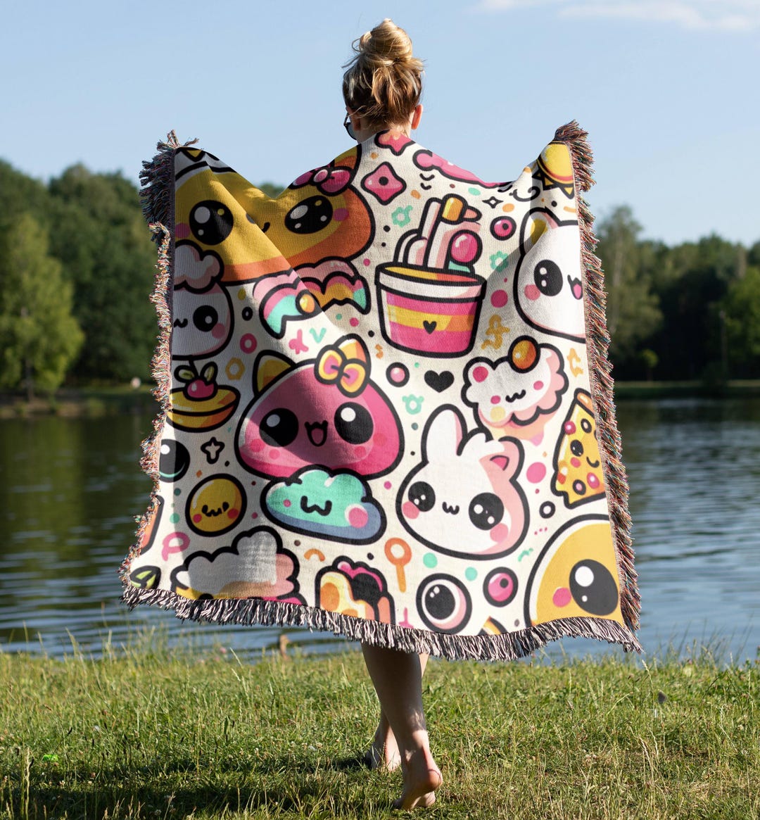 Kawaii Print Woven Fringe Blanket, Kawaii Throw Blanket, Home Decor Accent, Cozy Blanket, Kawaii ...