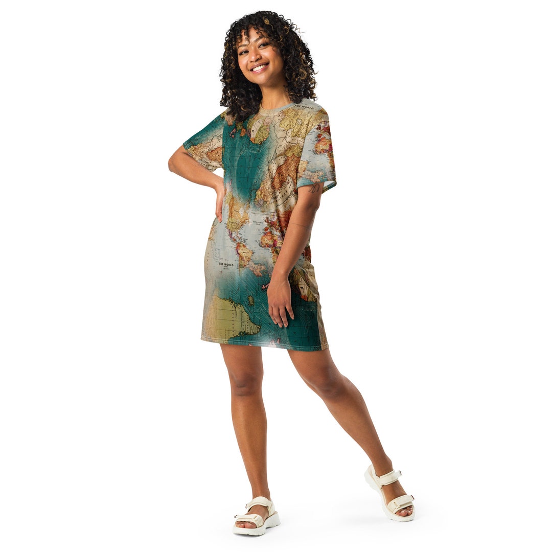 World Map Printed T-shirt Dress, Geography Travel Shirt Dress, All Over ...