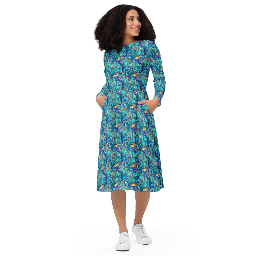 Dolphin Printed Midi Dress, Nautical Theme Prom Party Dress, Evening ...