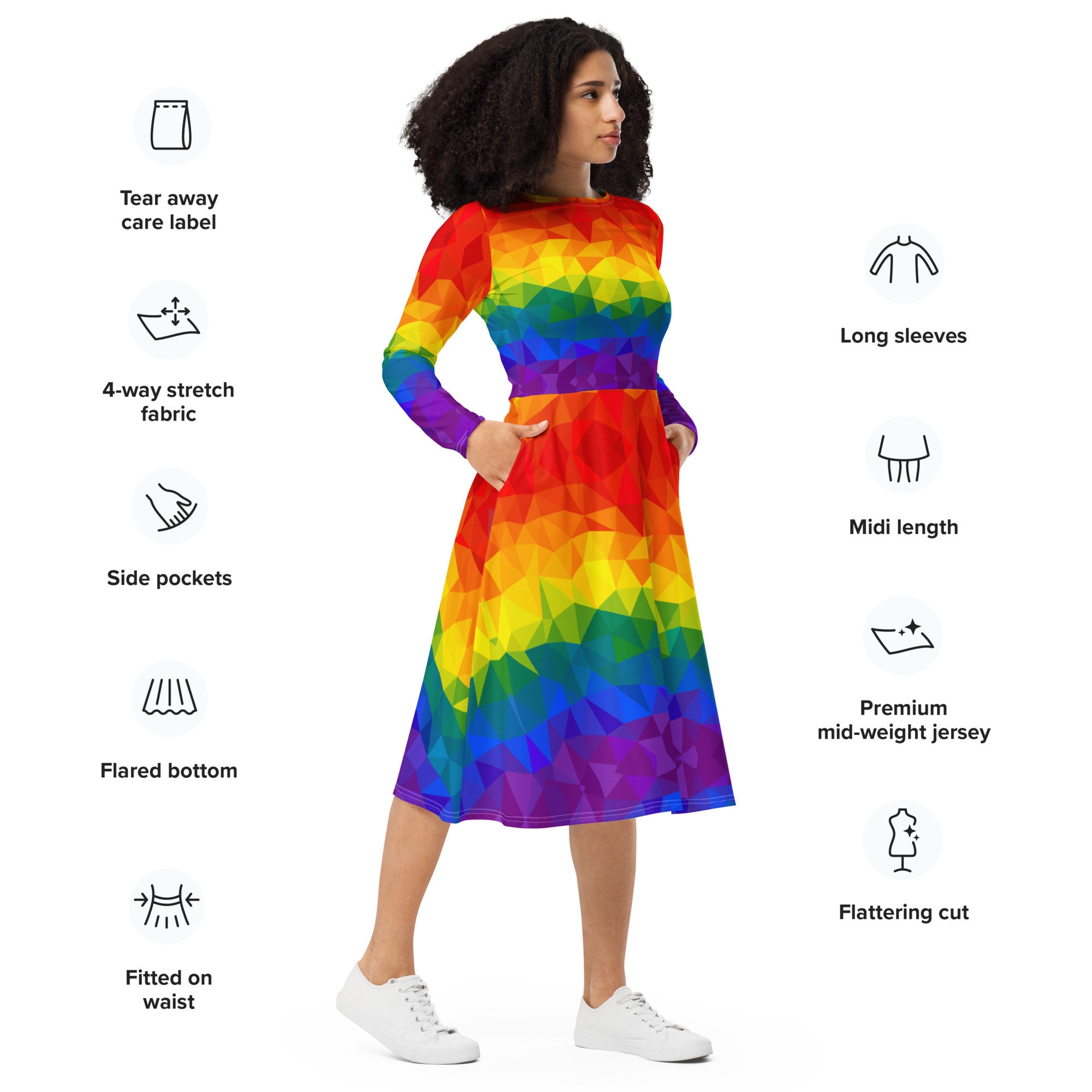 Rainbow Pride Midi Dress, LGBTQ Women Full Sleeves Dress, Lesbian Pride ...