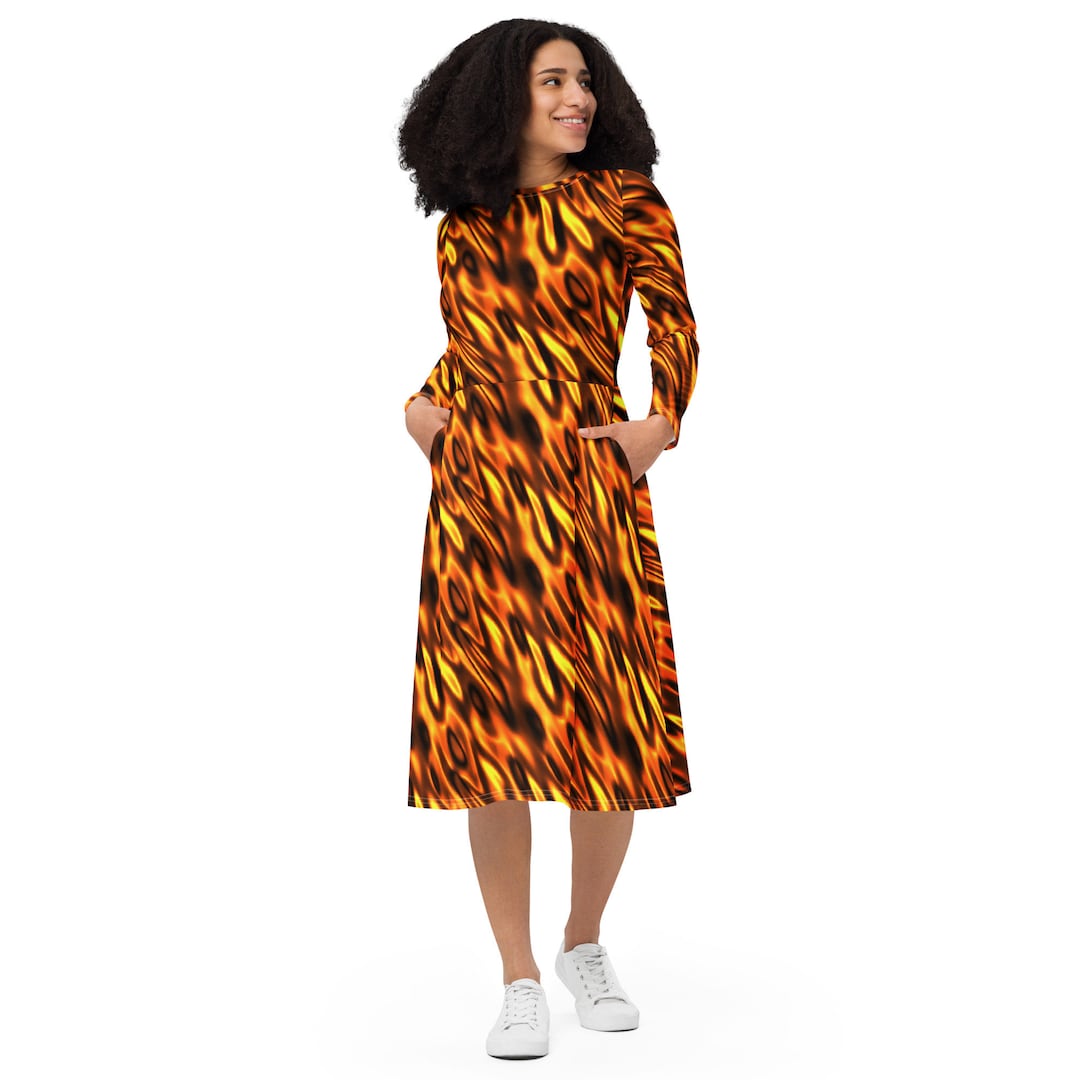 Fire Flame Printed Dress, Aesthetic Midi Dress, Full Sleeves Fluffy ...