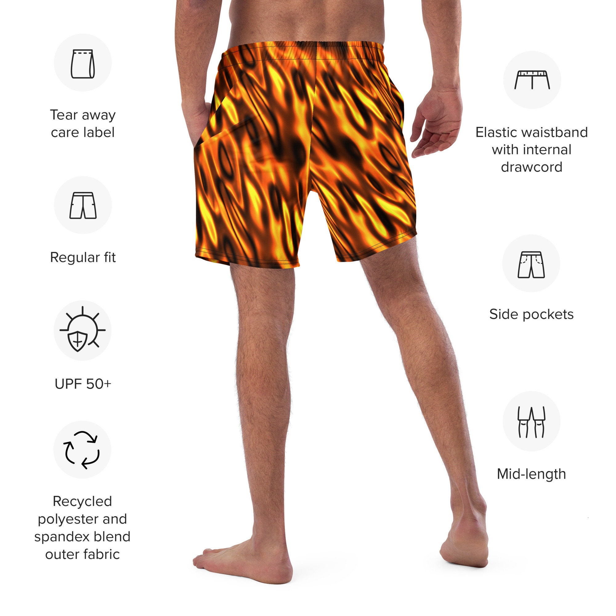 Fire Flames Printed Mens Swim Trunks, Fluffy Fire AOP Swimming Trunks ...