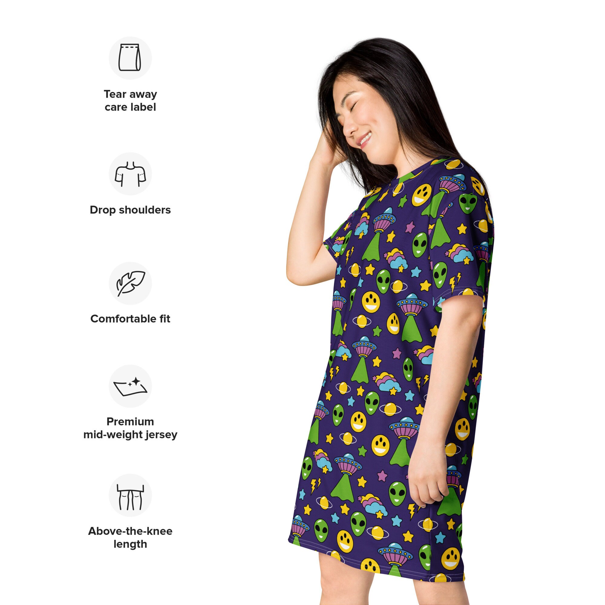 Aliens Sci-fi T-shirt Dress, Outer Space UFO Shirt Dress, All Over ...