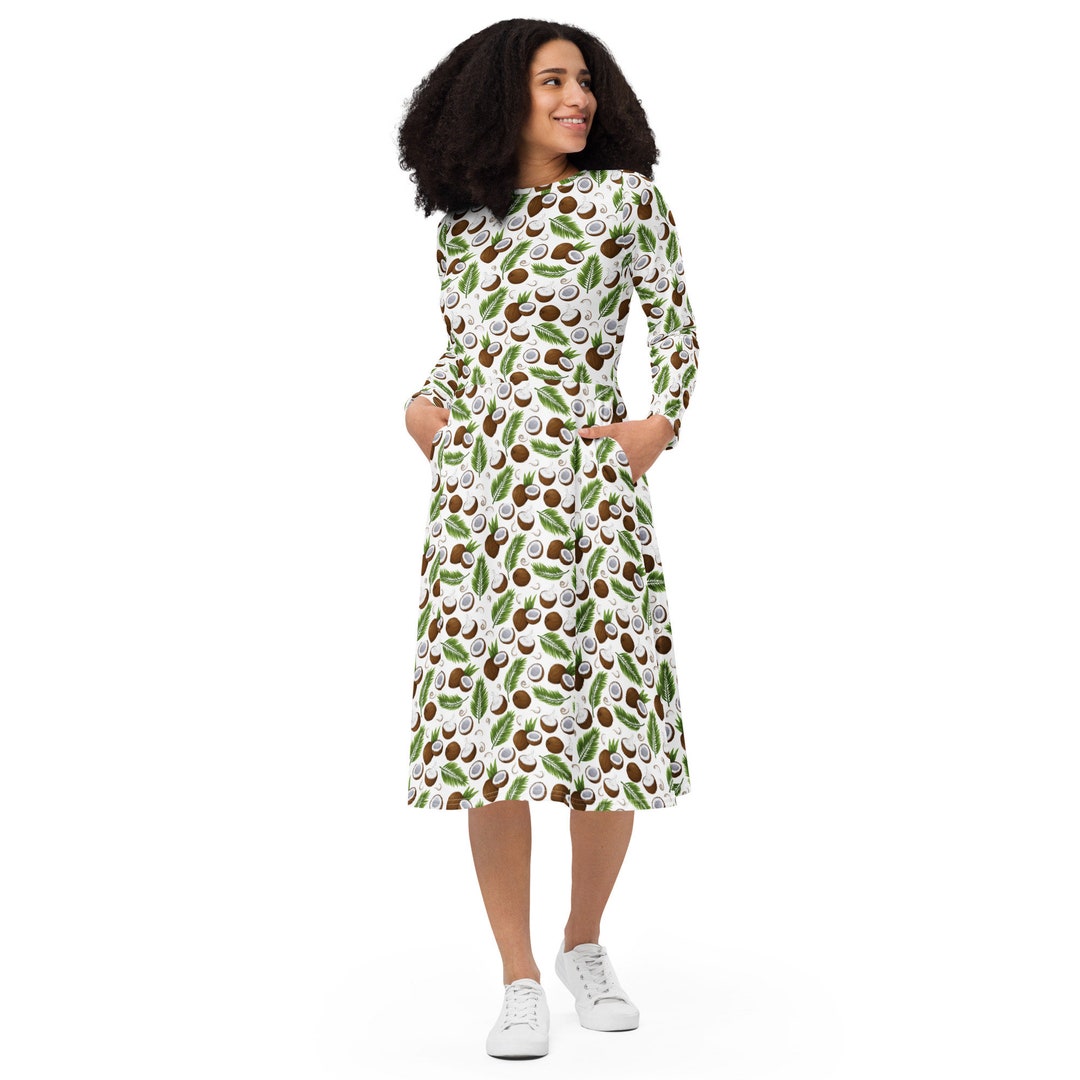 Coconuts Fruit Printed Midi Dress, Casual Birthday Party Dress, Vegan ...